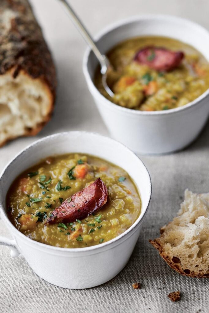 Heartwarming Split Pea Soup with Crispy Kielbasa Recipe by Ina Garten ...